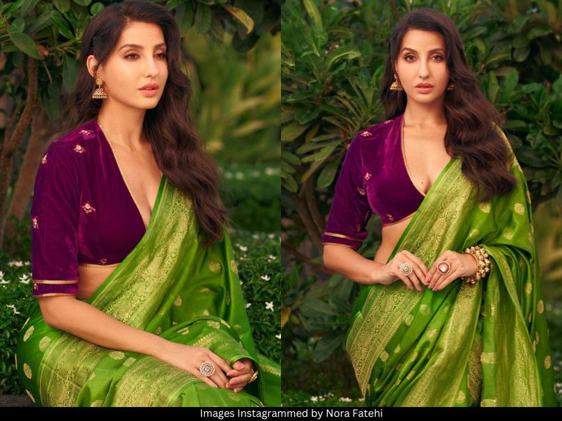 Nora Fatehi’s Ethnic Style In Green Silk Saree, Deep-Neck Purple Velvet ...